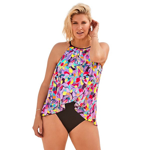 Swimsuits For All Womens Plus Size High Neck Mesh Flyaway One Piece 4751