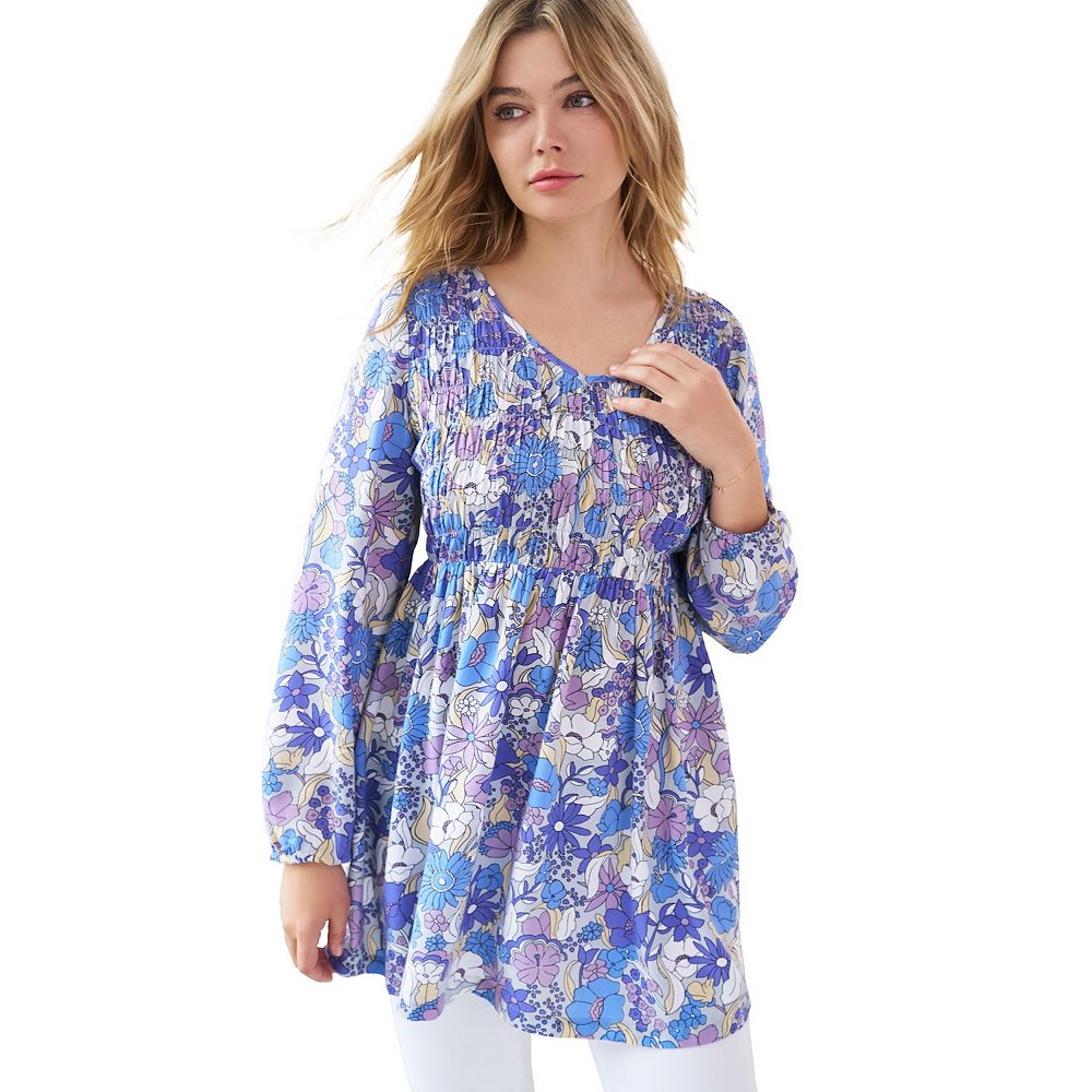 ellos Plus Size V-Neck Tunic With Smocked Bodice