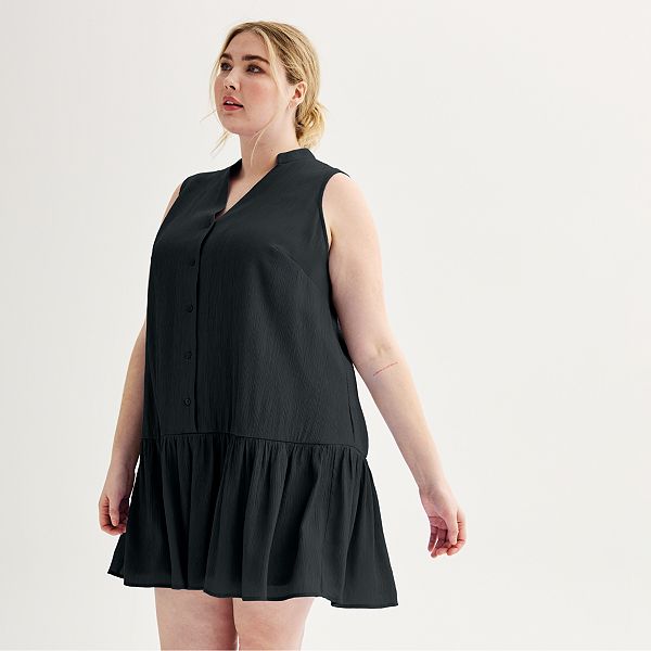 Plus Size Nine West Button Front Ruffle Hem Dress