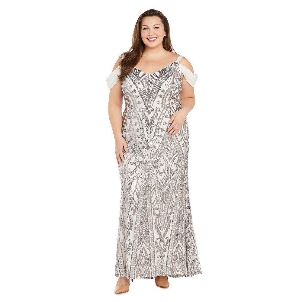 Plus Size R&M Richards Mesh Godet Inserts Beaded Maxi Dress