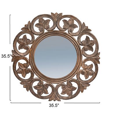 Round Carved Wood Botanical Framed Wall Mirror
