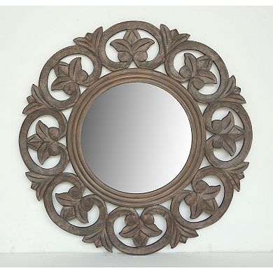 Round Carved Wood Botanical Framed Wall Mirror