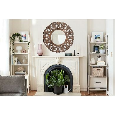 Round Carved Wood Botanical Framed Wall Mirror
