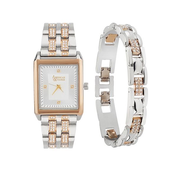 American Exchange Men's Two Tone Metal Alloy Watch & Bracelet Set