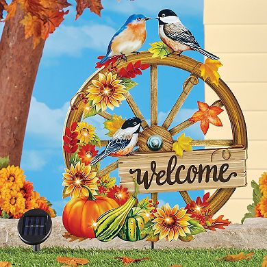 Collections Etc Solar Powered Autumn Birds Welcome Wagon Wheel Stake