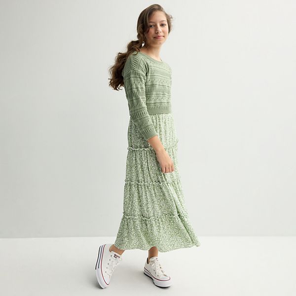 Girls 7-16 Knit Works Sleeveless Tiered Dress with Long Sleeve Popover ...