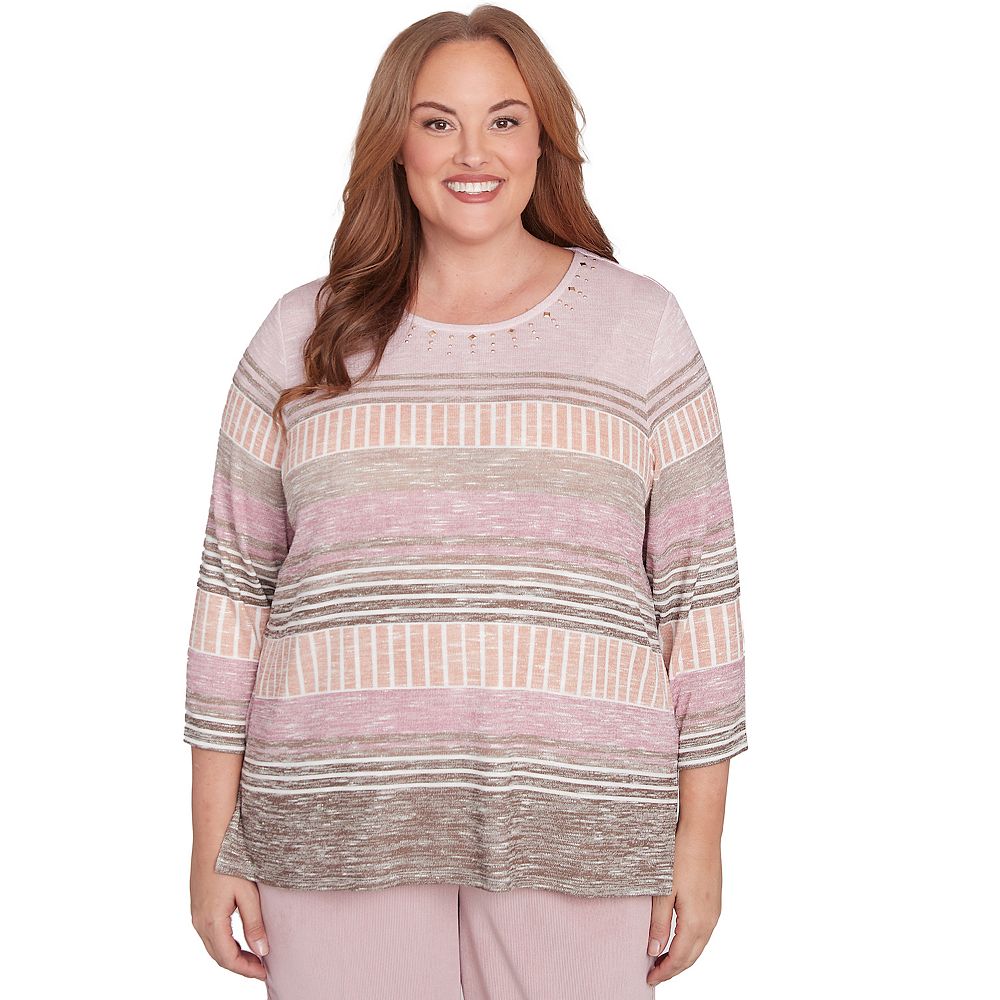 Plus Size Alfred Dunner Striped Patchwork Pleated Crewneck Top
