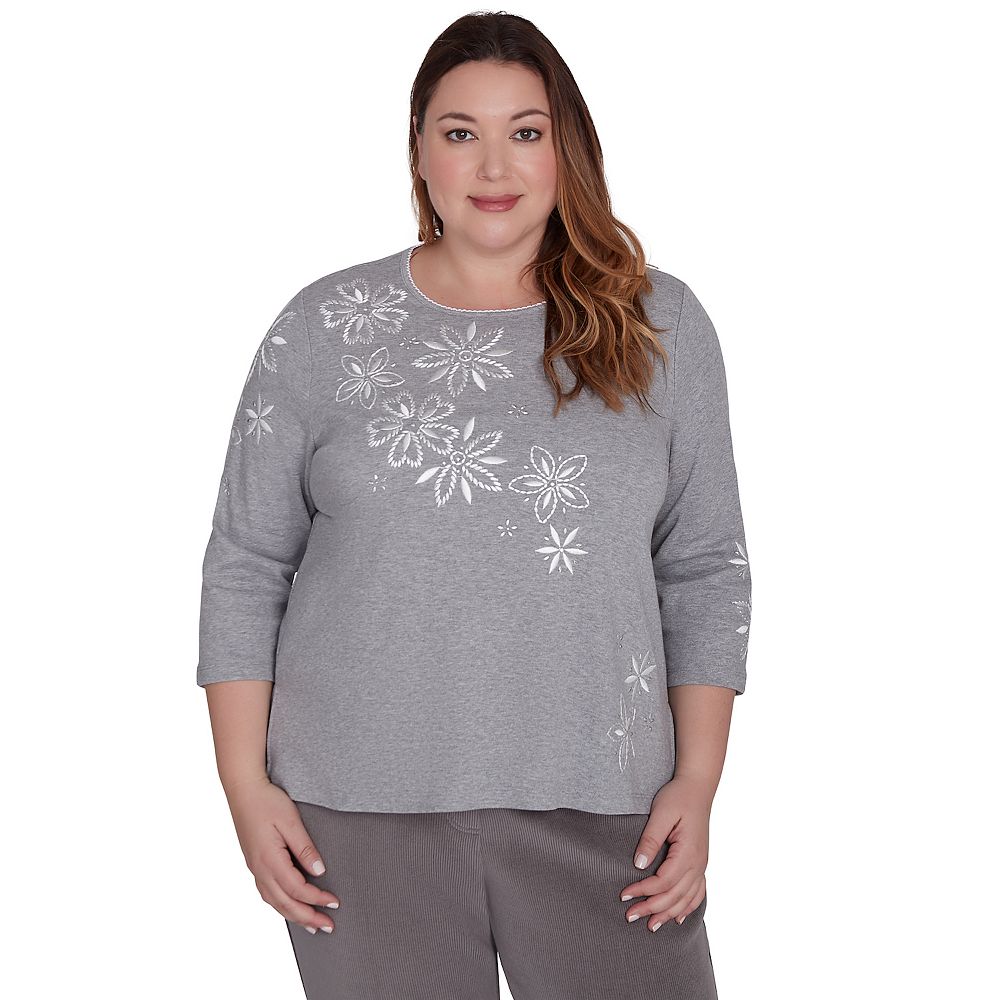 Plus Size Alfred Dunner Diagonal Flower Embroidered Crewneck Top