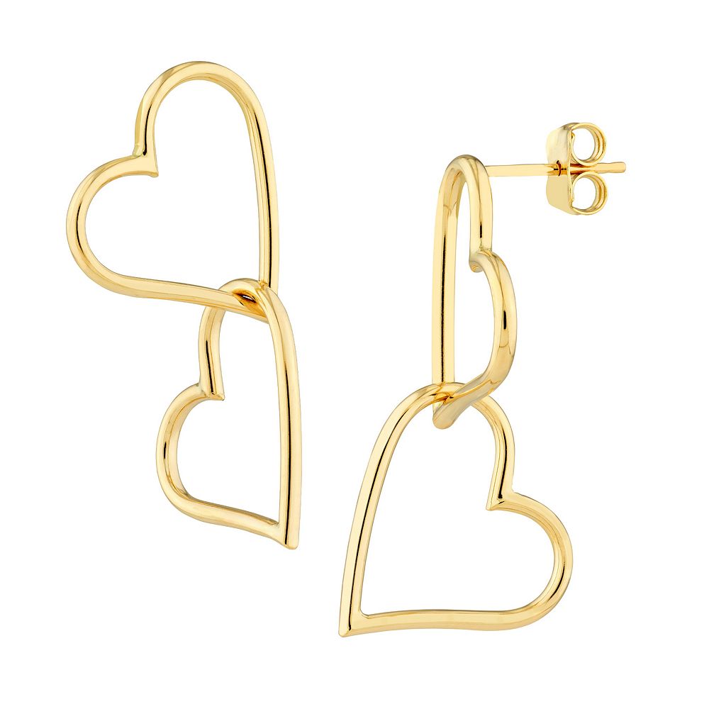 14k Gold Double Heart Dangle Earrings