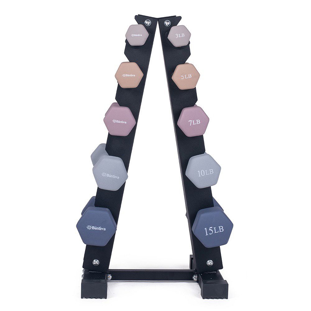 Bintiva Earthtone Dumbbell Kit 3lb,5lb,7lb,10lb,15lb, With 5 Tier Stand