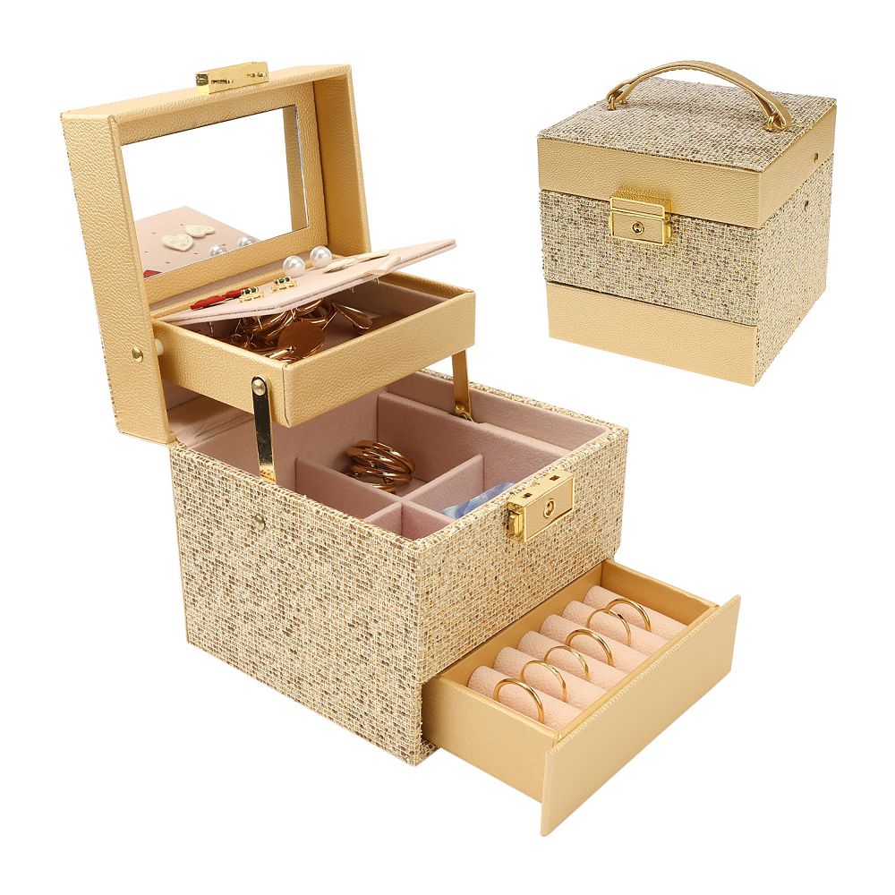 3 Layer Jewelry Box With Mirror Sequins Jewelry Case Storage Display Holder