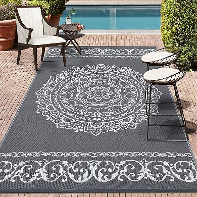 Garvee Outdoor Vintage Floral Plastic and Reversible Patio Rug