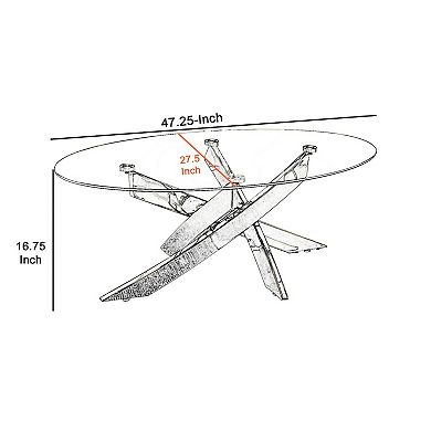 Oval Shape Glass Top Coffee Table With Criss Cross Base, Silver And Clear