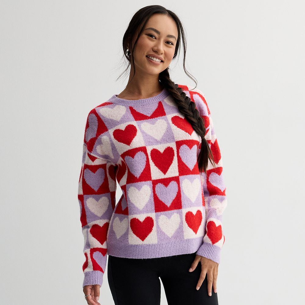 Juniors' FOREVER & EVER Long Sleeve Crewneck Checkered Hearts Pullover