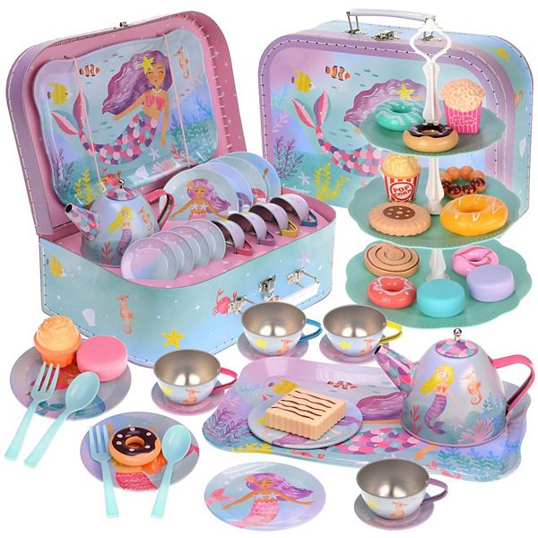 Pretend Tin Tea Set With Food And Carrying Case For Little Girls