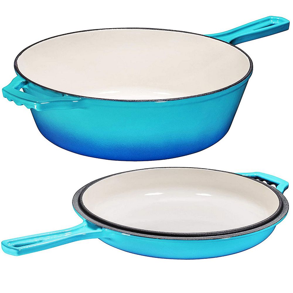 2-in-1, 3 Quart Enamel Cast Iron Dutch Oven With Handle, 3 Qt Caribbean ...