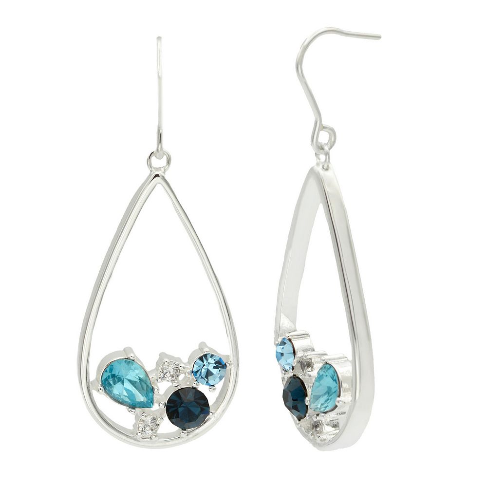 City Luxe Silver Tone Blue Tonal Crystal Open Pear Drop Earrings