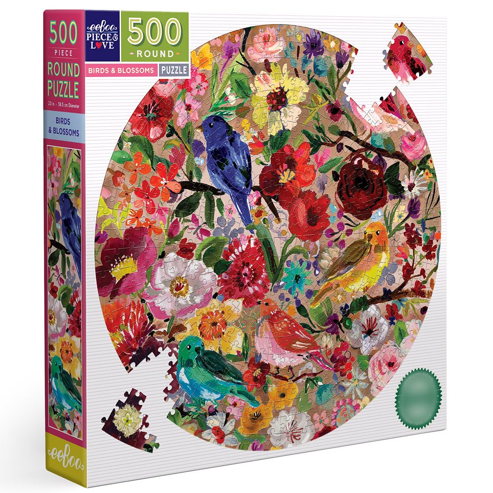 eeboo Piece & Love: Birds & Blossoms 500 Piece Round Jigsaw Puzzle