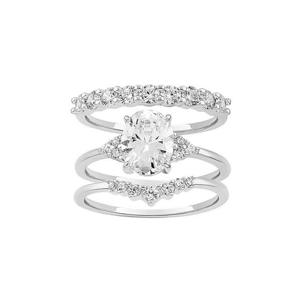 PRIMROSE Silver Tone Oval Cubic Zirconia Ring Trio Set