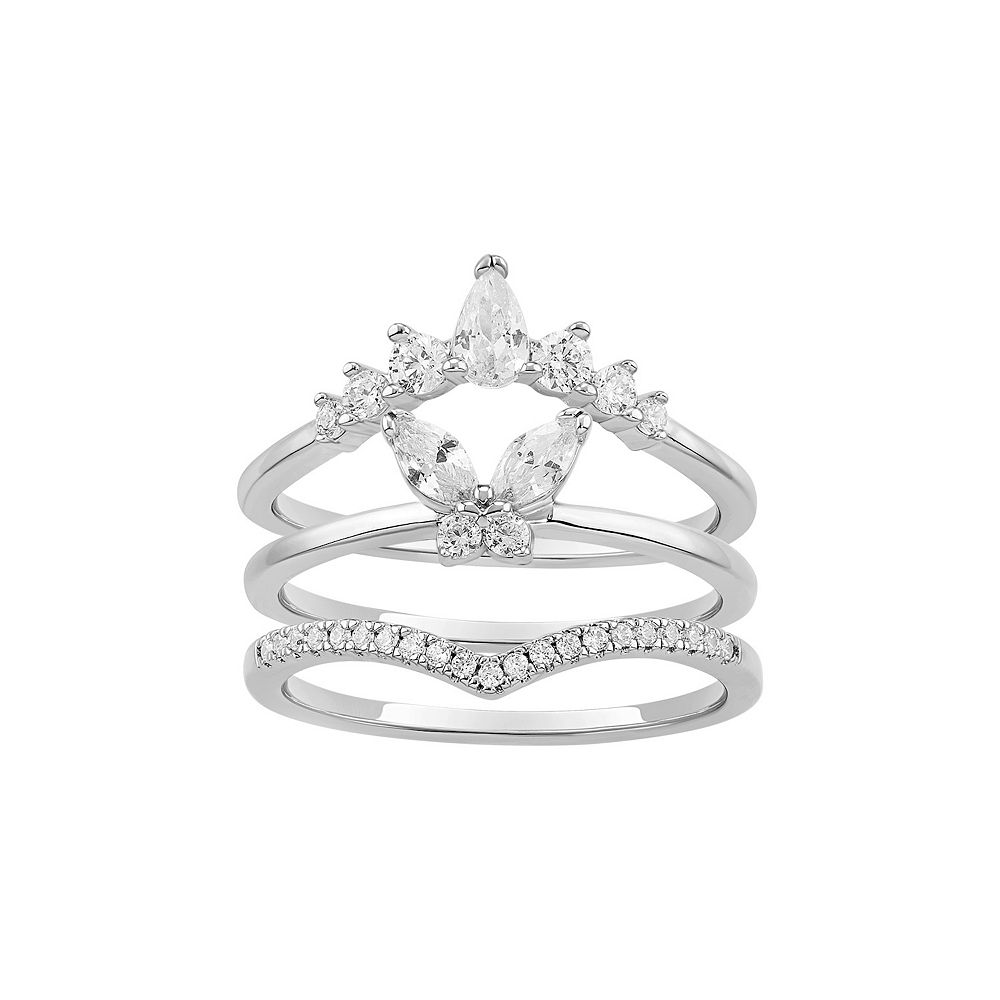 PRIMROSE Silver Tone Cubic Zirconia Butterfly V-Shape Ring Trio Set