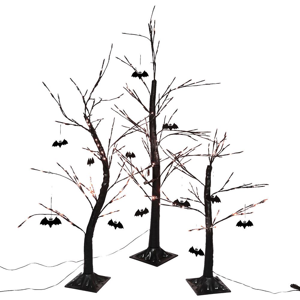 Haunted Hill Halloween Artificial Trees with Bats & Orange LED Lights 3 ...