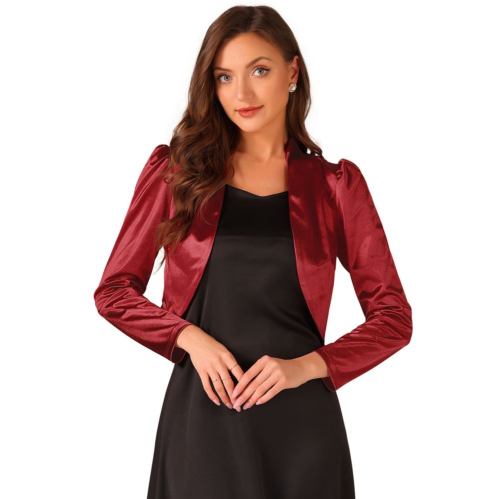 Satin Shrug For Women's Open Front Ruched Long Sleeves Cropped Bolero Shrug