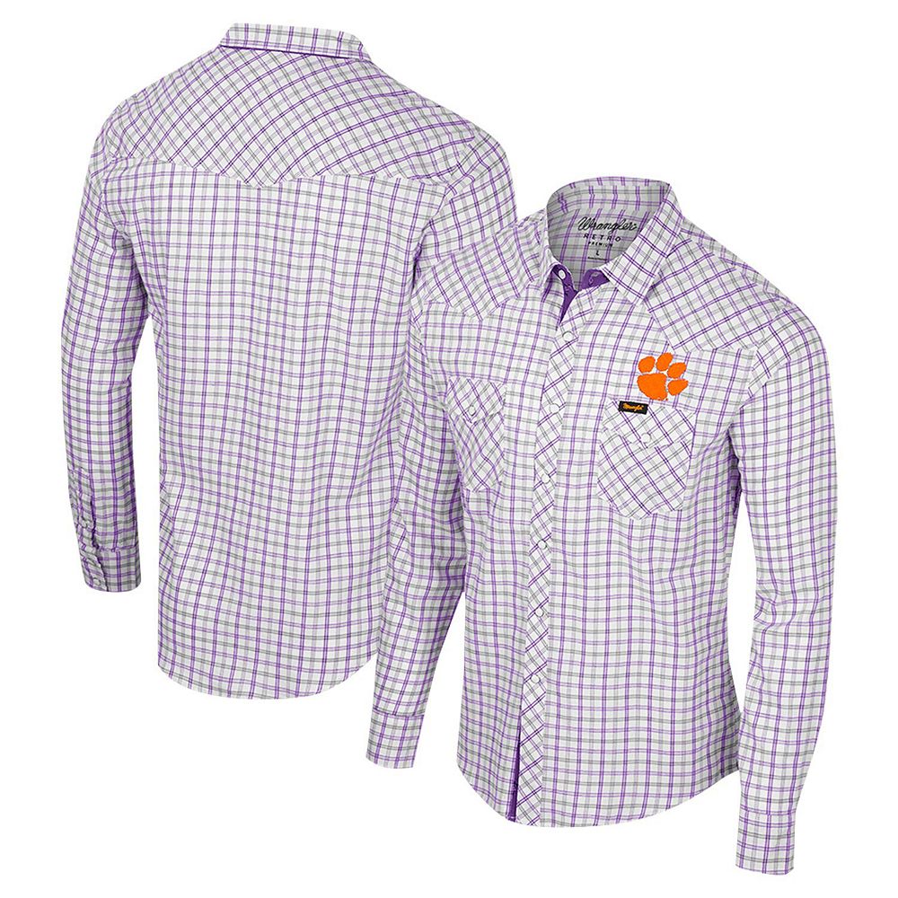 Men's Colosseum x Wrangler White Clemson Tigers Plaid Window Pane Long ...
