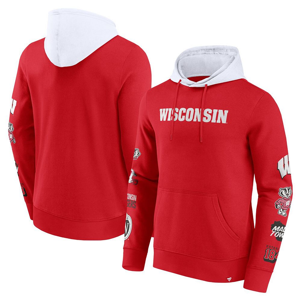 Men's Fanatics Red/White Wisconsin Badgers Color Block Badge Fleece ...