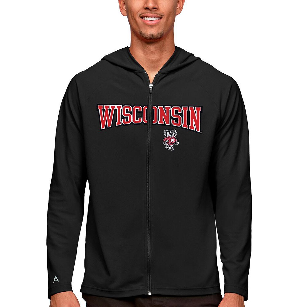 Men's Antigua Black Wisconsin Badgers Wordmark Legacy Full-Zip Hoodie