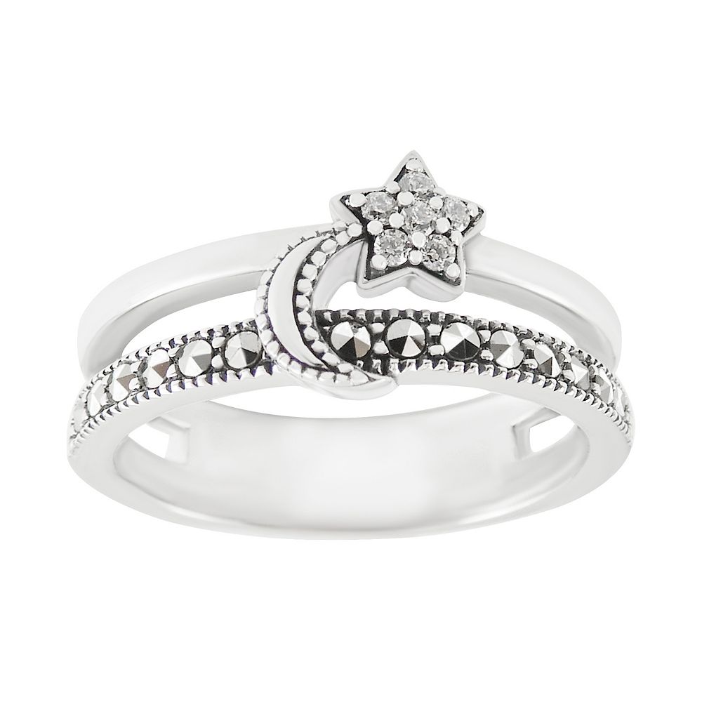 Lavish by TJM Sterling Silver Marcasite & Cubic Zirconia Moon & Star Ring