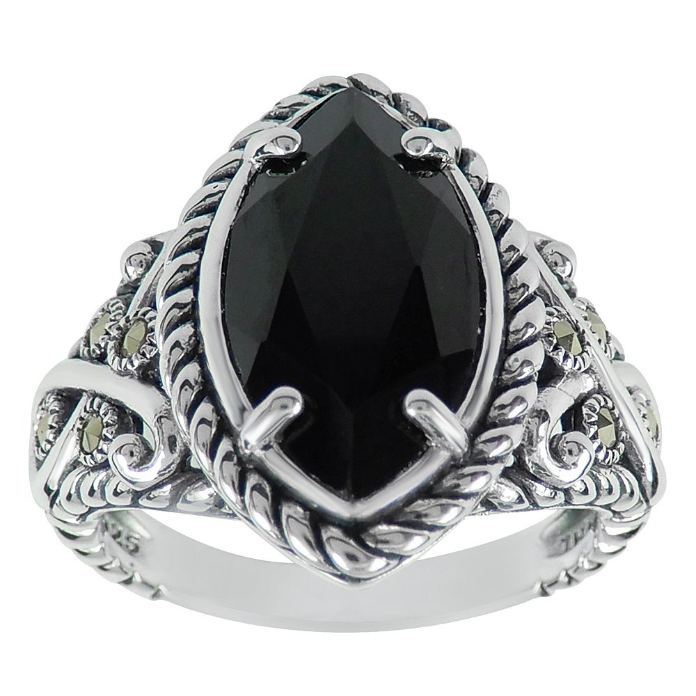 Lavish by TJM Sterling Silver Onyx & Marcasite Marquise Ring