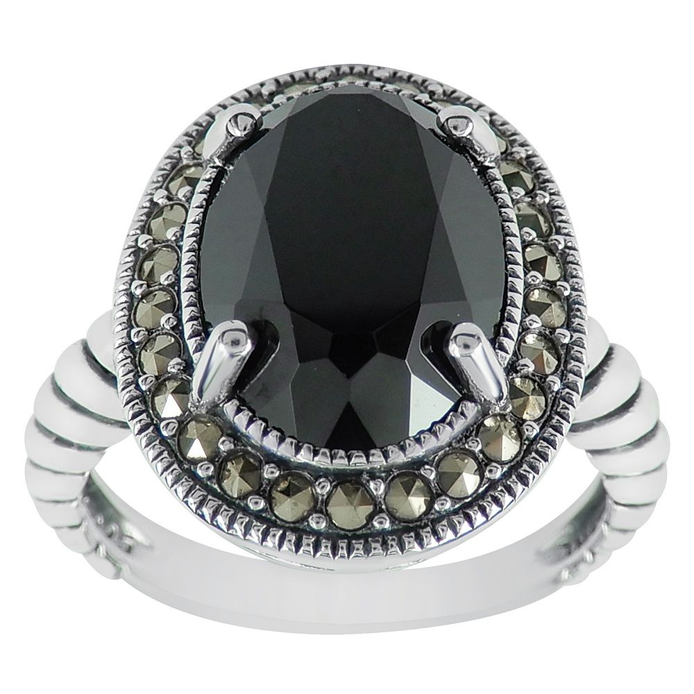 Lavish by TJM Sterling Silver Onyx & Marcasite Oval Halo Ring
