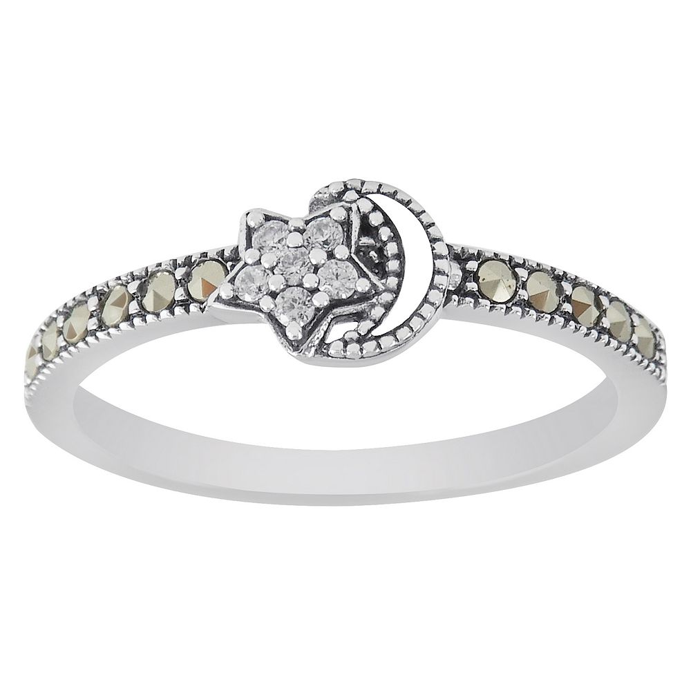 Lavish by TJM Sterling Silver Cubic Zirconia & Marcasite Moon & Star Ring