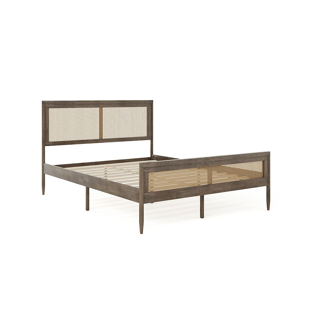 Martha Stewart Wooden Platform Bed with Rattan Inset Headboard and ...