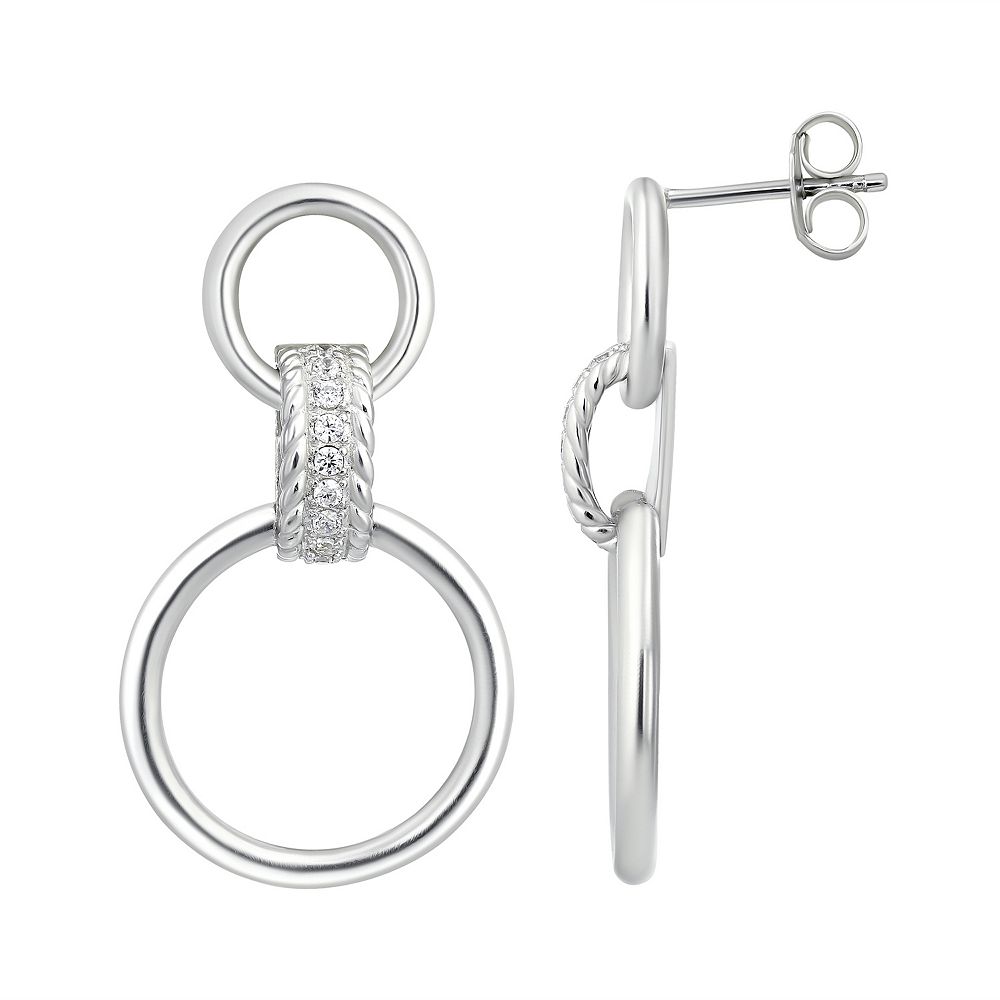 Sterling Silver Cubic Zirconia Double Circle Post Dangle Earrings