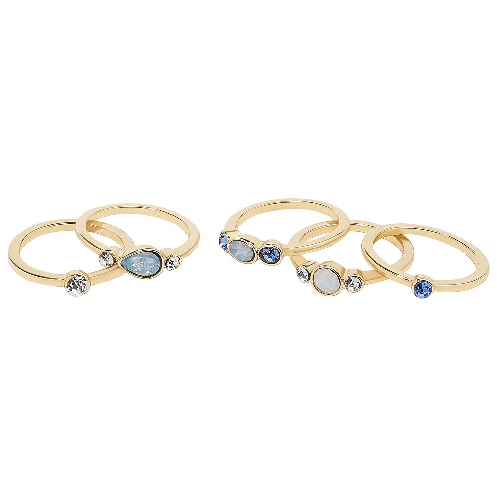 LC Lauren Conrad 5-Piece Gold Tone Multi-Blue & Clear Stone Ring Set