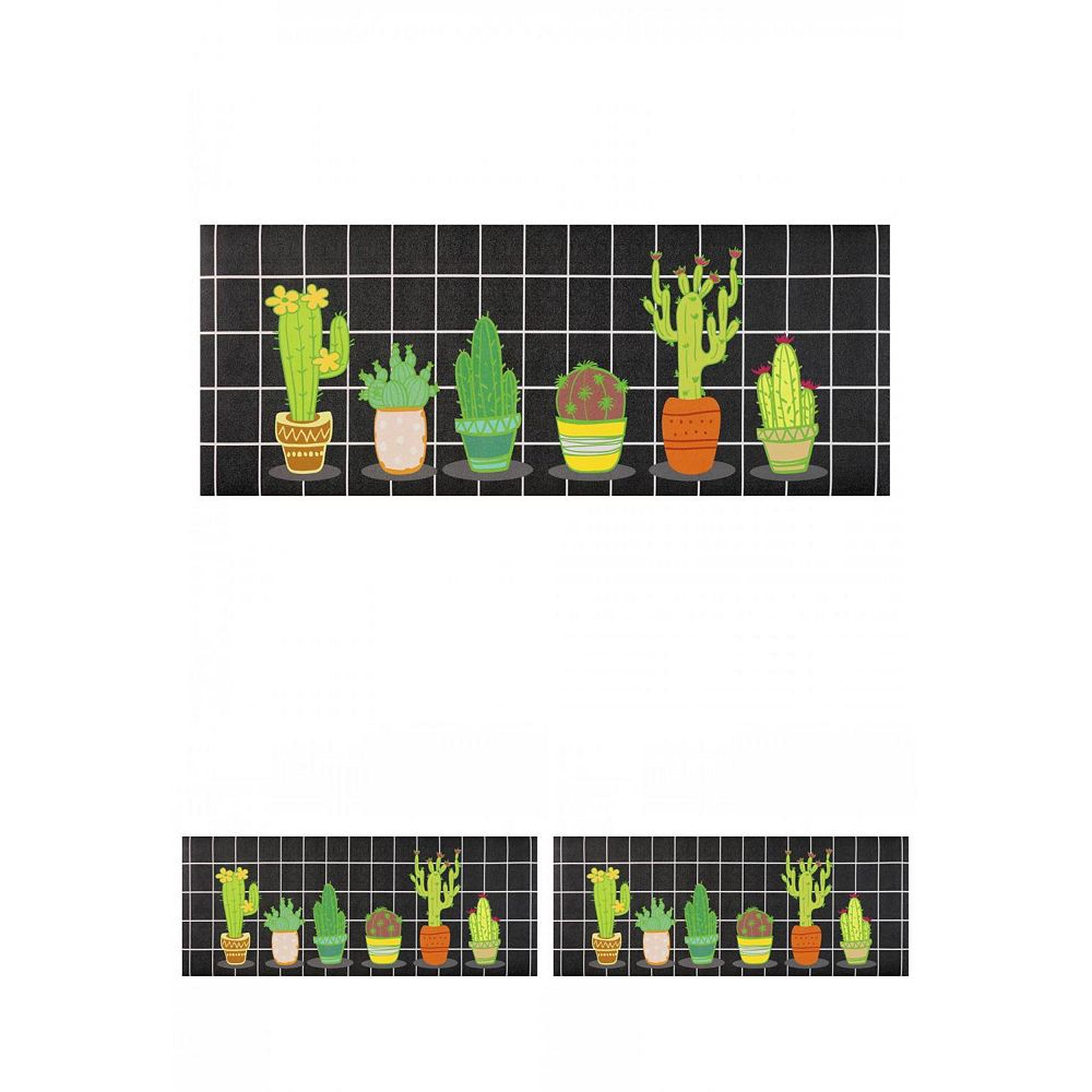 Cactus Kitchen Rug, Summer Farmhouse Decorations Black Pattern Runner Rugs 20" X 48" 3pcs