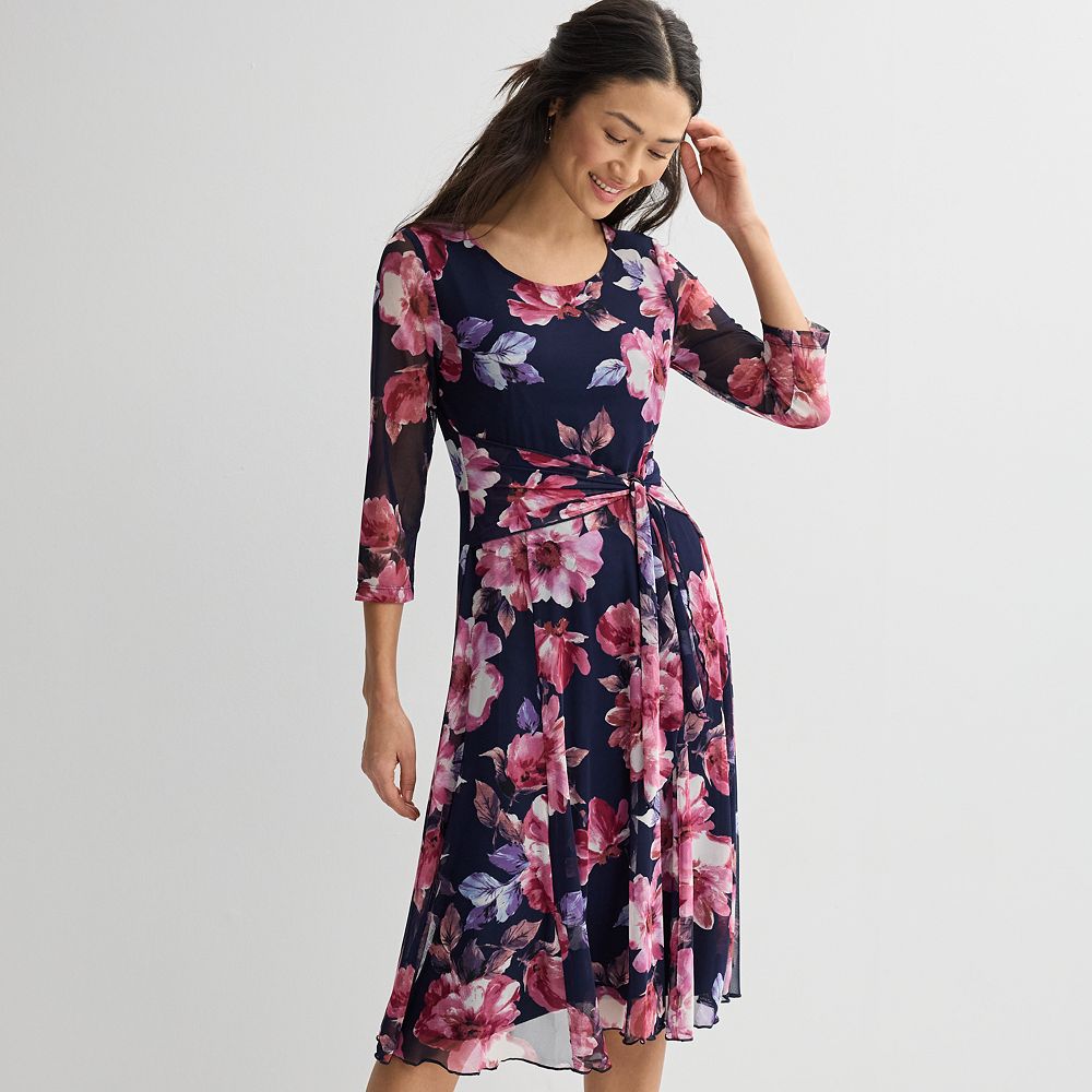 Women's Studio Connection Floral 3/4-Sleeve Fit & Flare Midi Dress