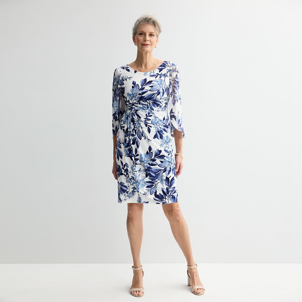 Women's Studio Connection Long Sheer Sleeve Printed Side Sarong Dress