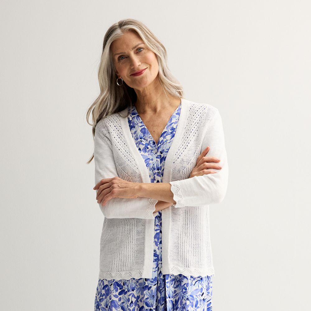 Petite Croft & Barrow® Pointelle Open Front Cardigan