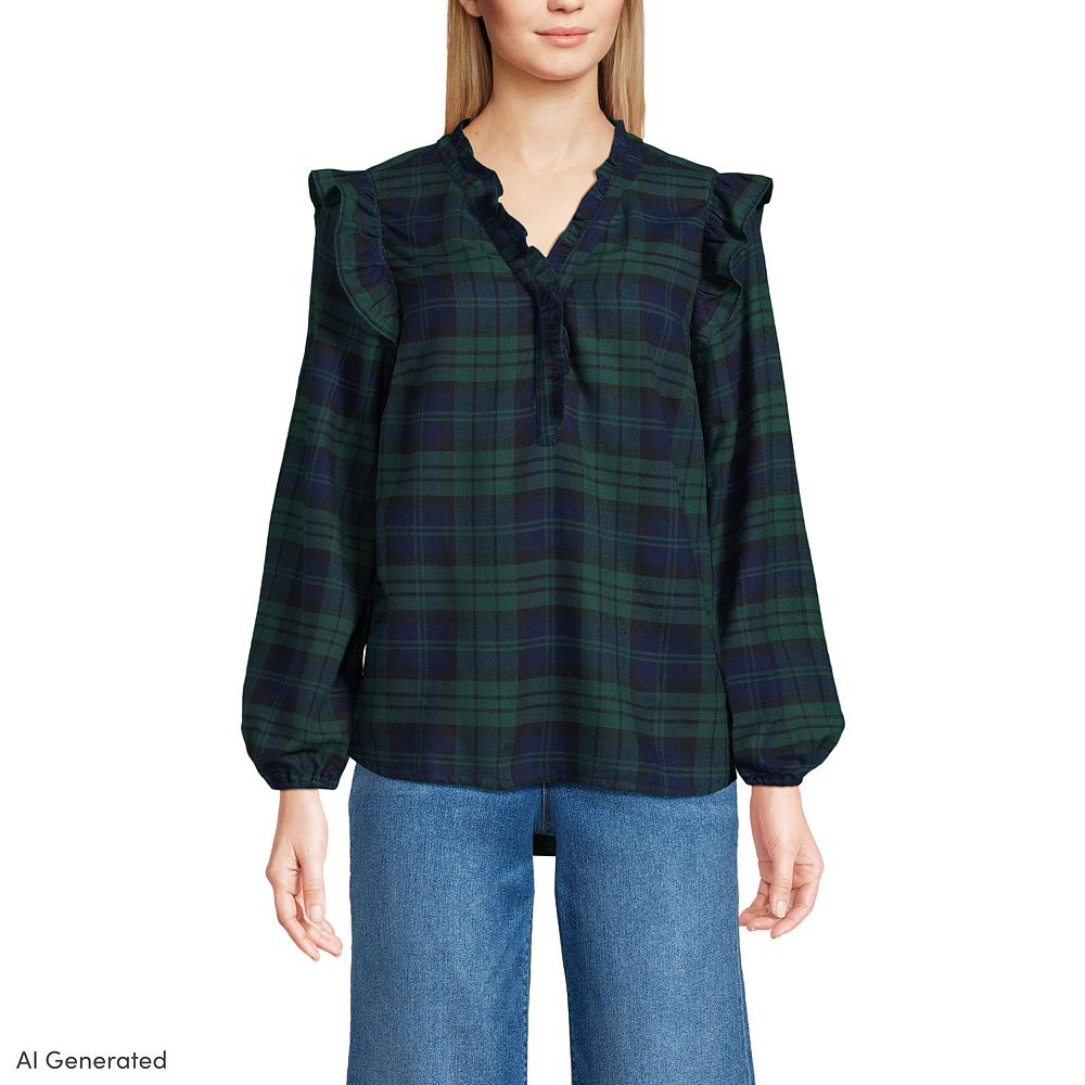 Women's Lands' End Ruffle Front Flannel Popover Blouse