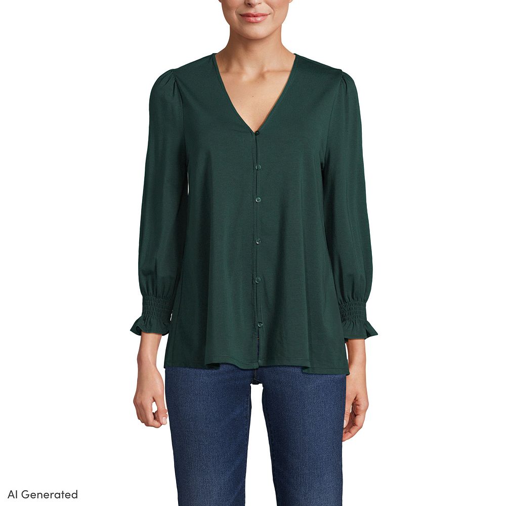 Women's Lands' End 3/4 Sleeve Lightweight Jersey Button Front Top