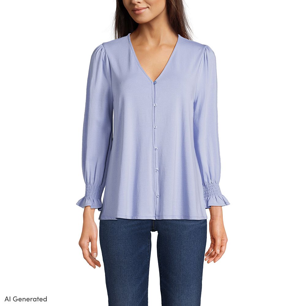 Women's Lands' End 3/4 Sleeve Lightweight Jersey Button Front Top