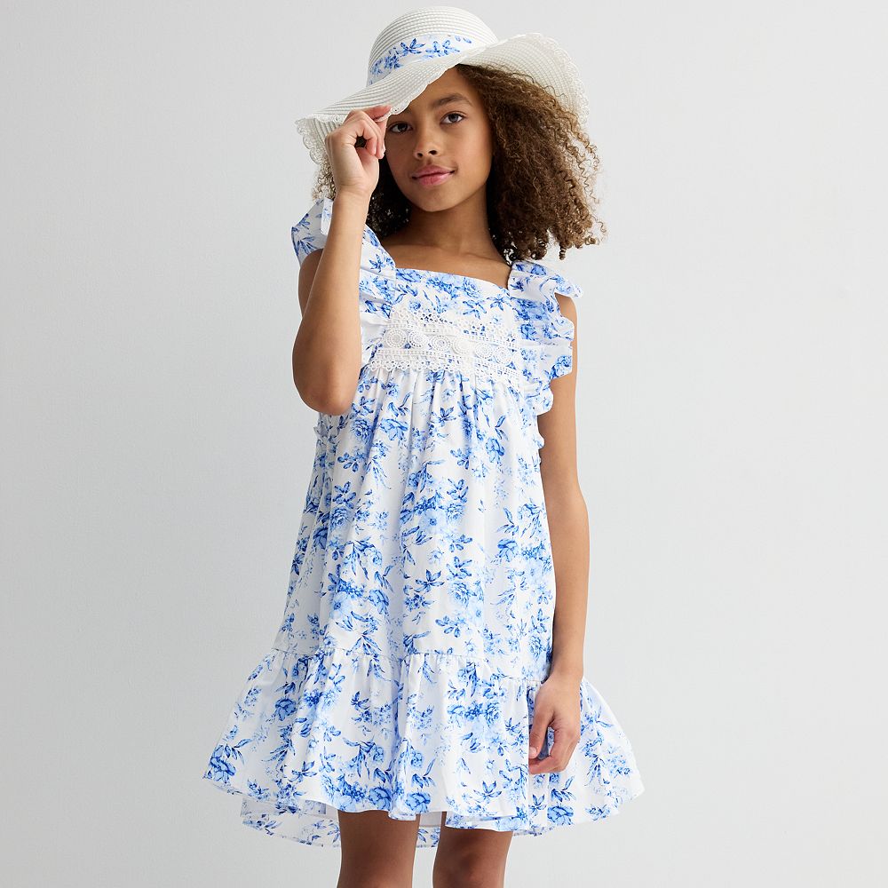Girls 4-20 Bonnie Jean Floral Pinafore Dress and Hat in Regular & Plus Size
