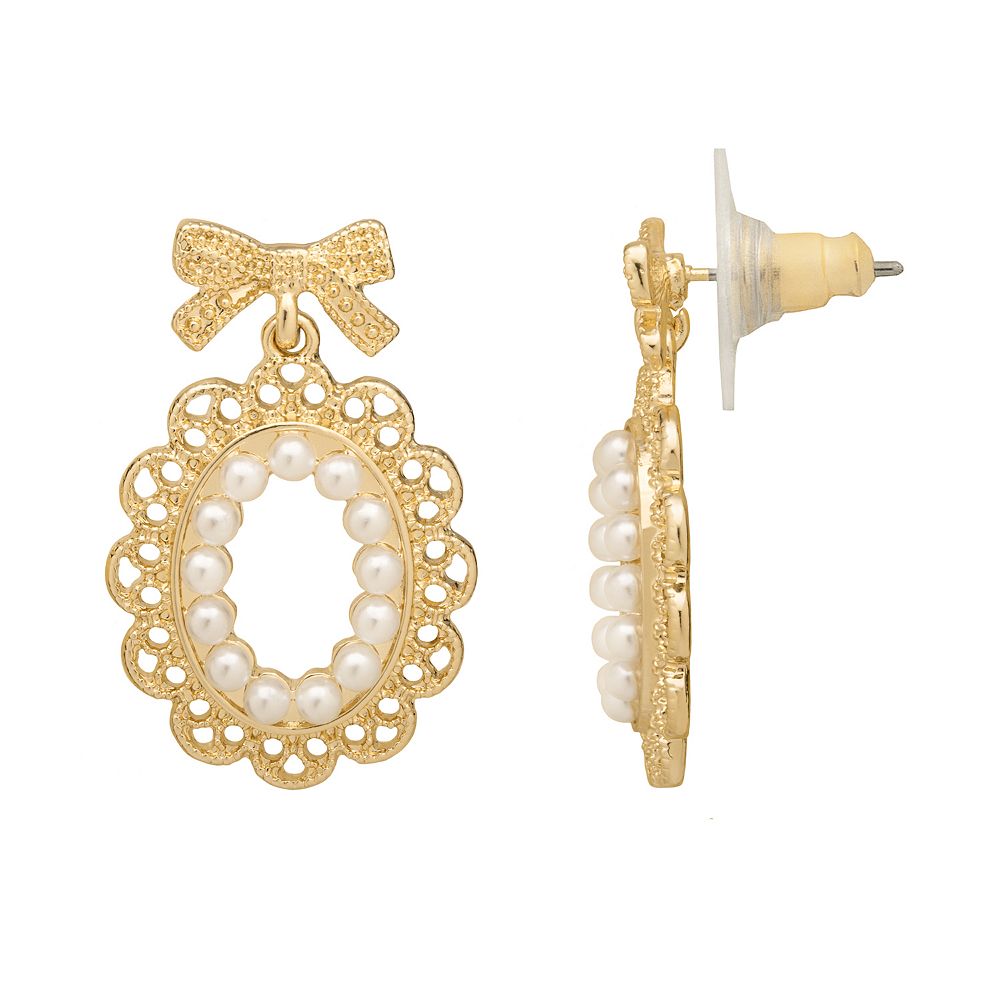 Emberly Gold Tone Simulated Pearl and Bow Oval Drop Earrings
