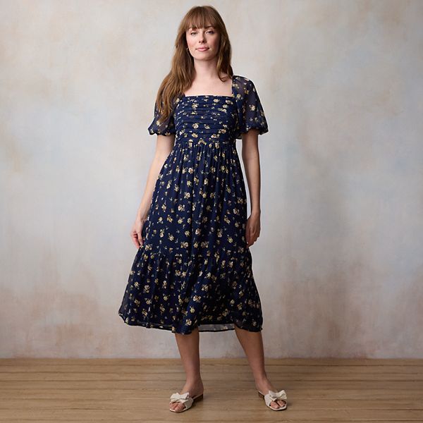 Women's LC Lauren Conrad Square Neck Pleated Bodice Midi Dress