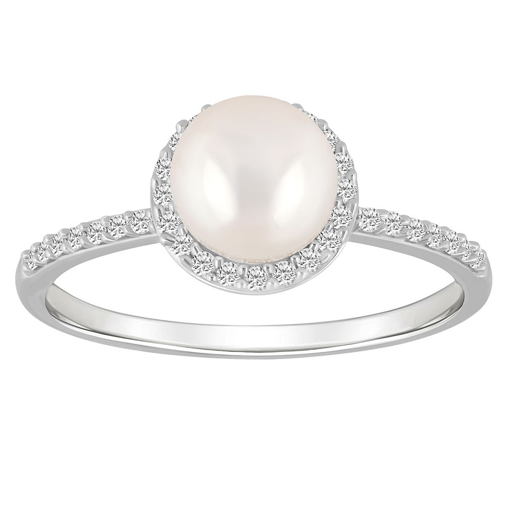 Celebration Gems 10k White Gold Round Freshwater Cultured Pearl & Lab-Created White Sapphire ...