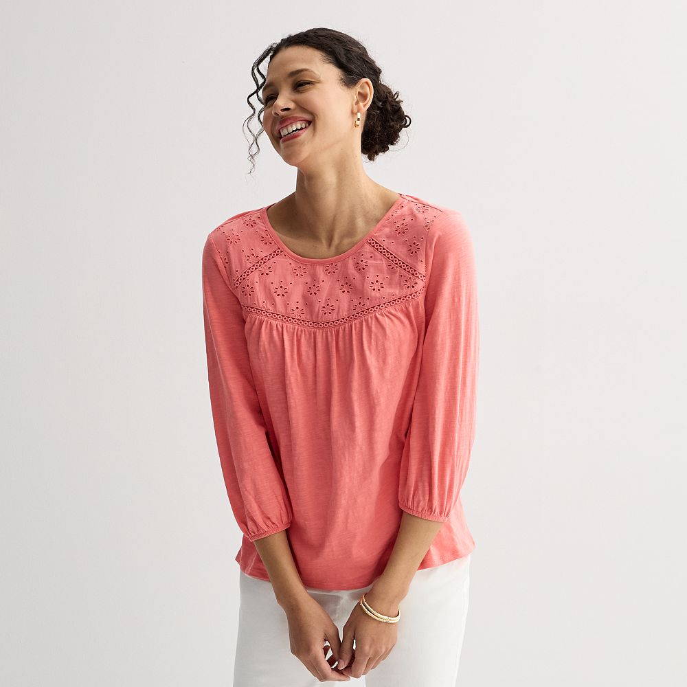 Women's Croft & Barrow® Three-Quarter Sleeve Eyelet Yoke Top