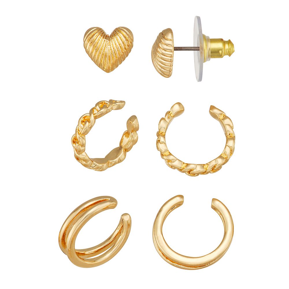 Nine West Gold Tone Heart & Cuff Earring Trio Set