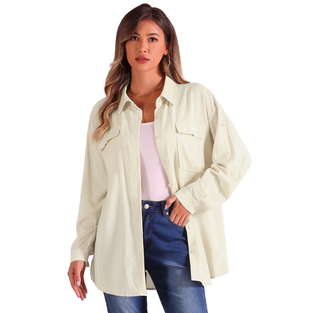 Button Down Shirts For Women's Loose Point Collar Roll-up Long Sleeve ...